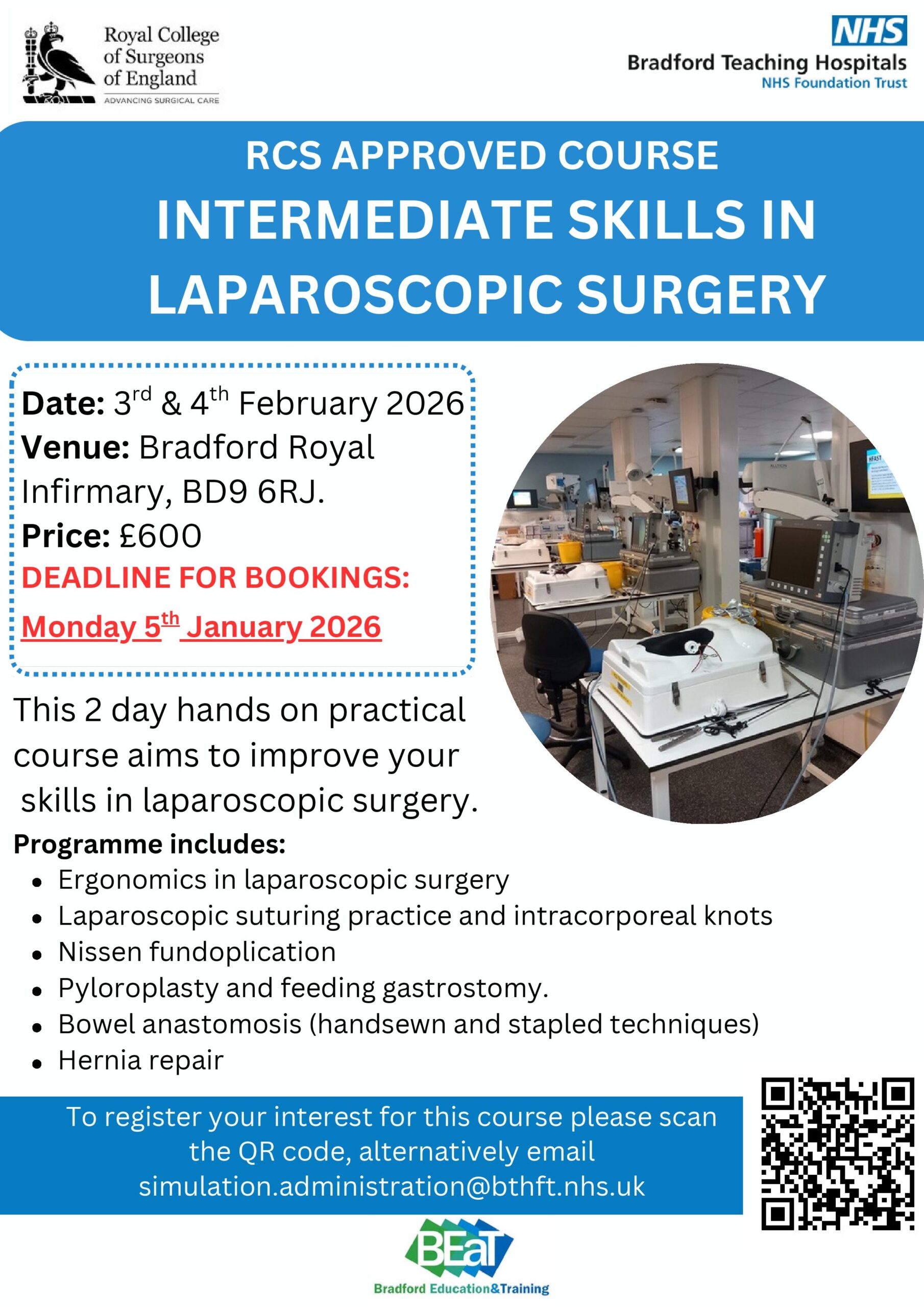 Intermediate Skills in Laparoscopic Surgery course, Bradford - 3rd & 4th February 2026 - ALSGBI